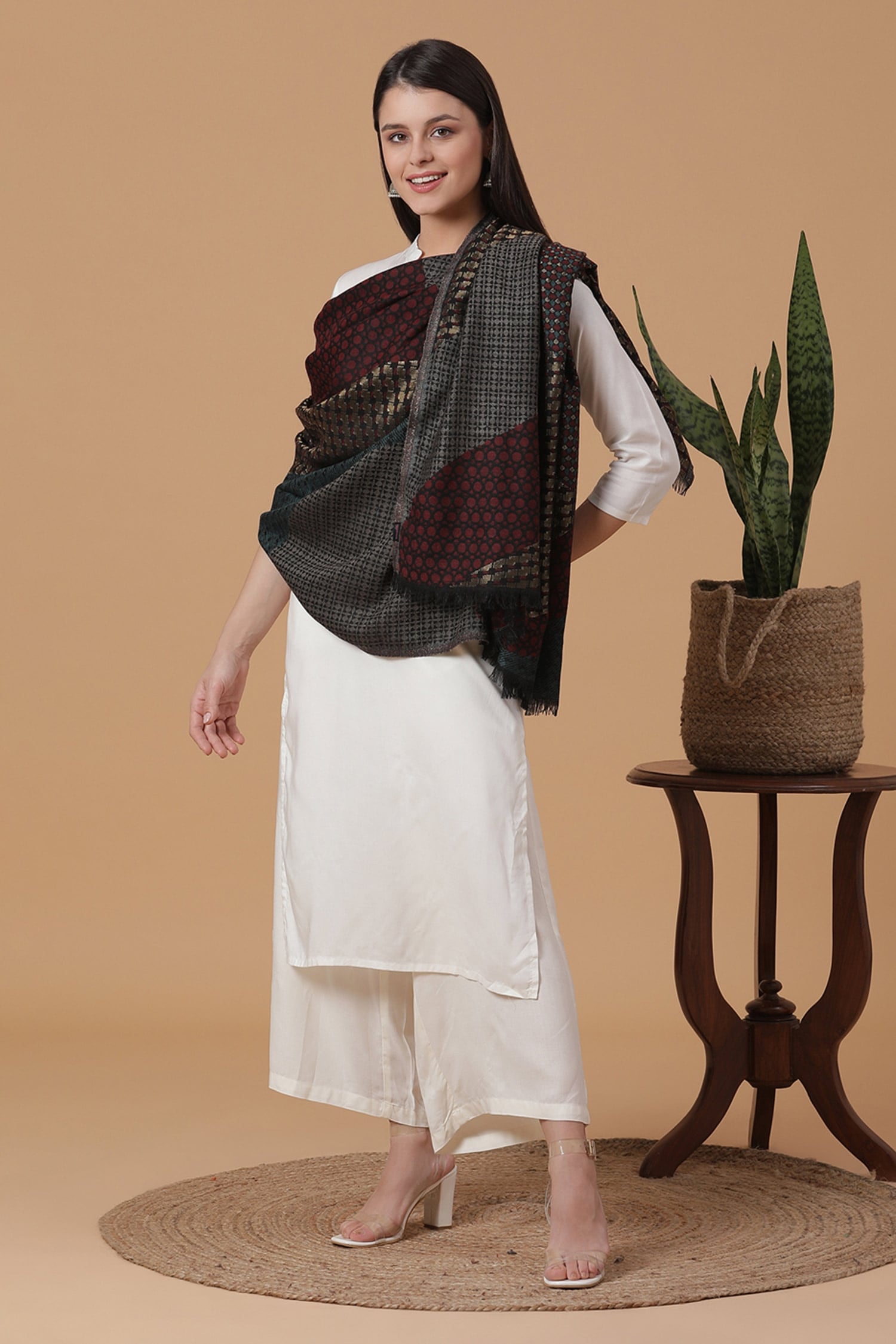 Buy Black Embroidered Brocade Jacquard Fringe Border Shawl by SHINGORA ...