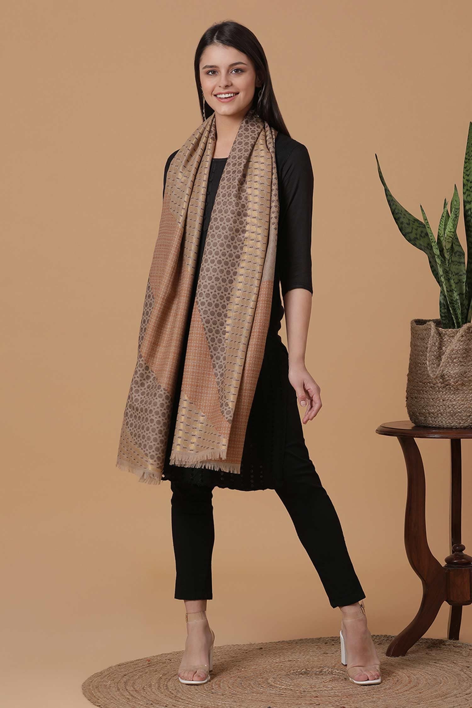 Buy Beige Embroidered Brocade Jacquard Geometric Shawl by SHINGORA ...