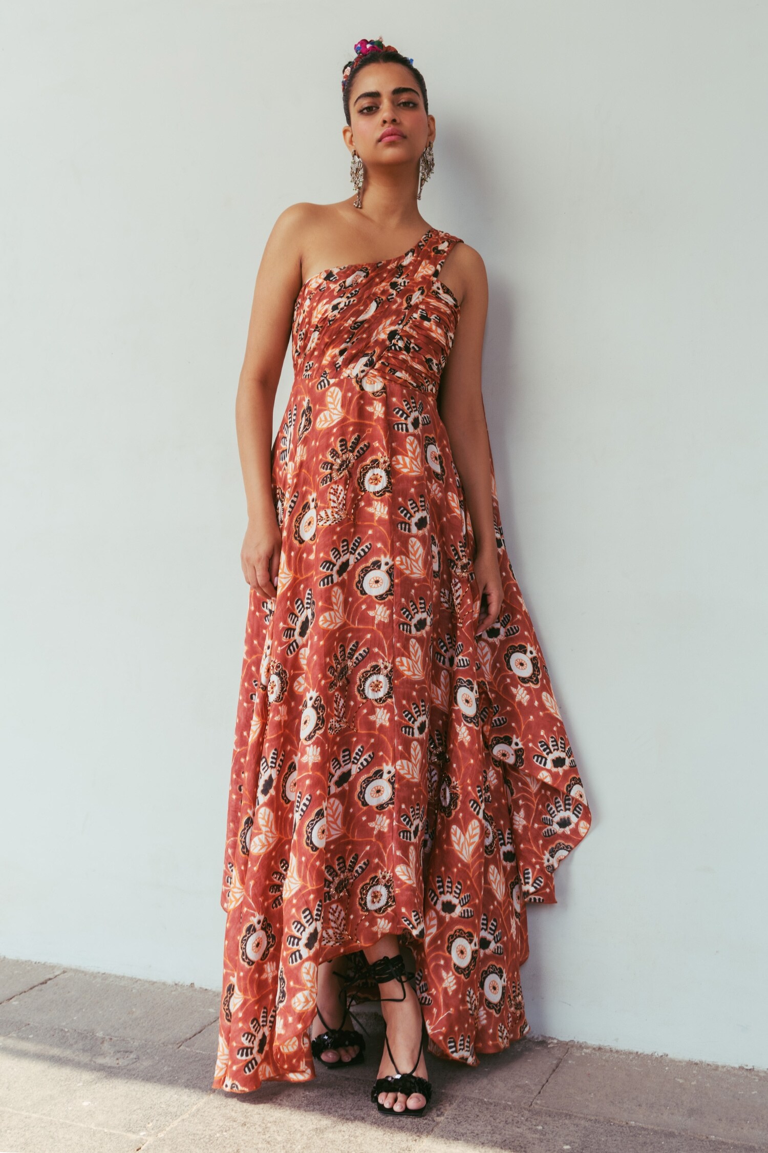 Buy Jodi Orange Mulberry Silk Rani Block Print One Shoulder Dress ...