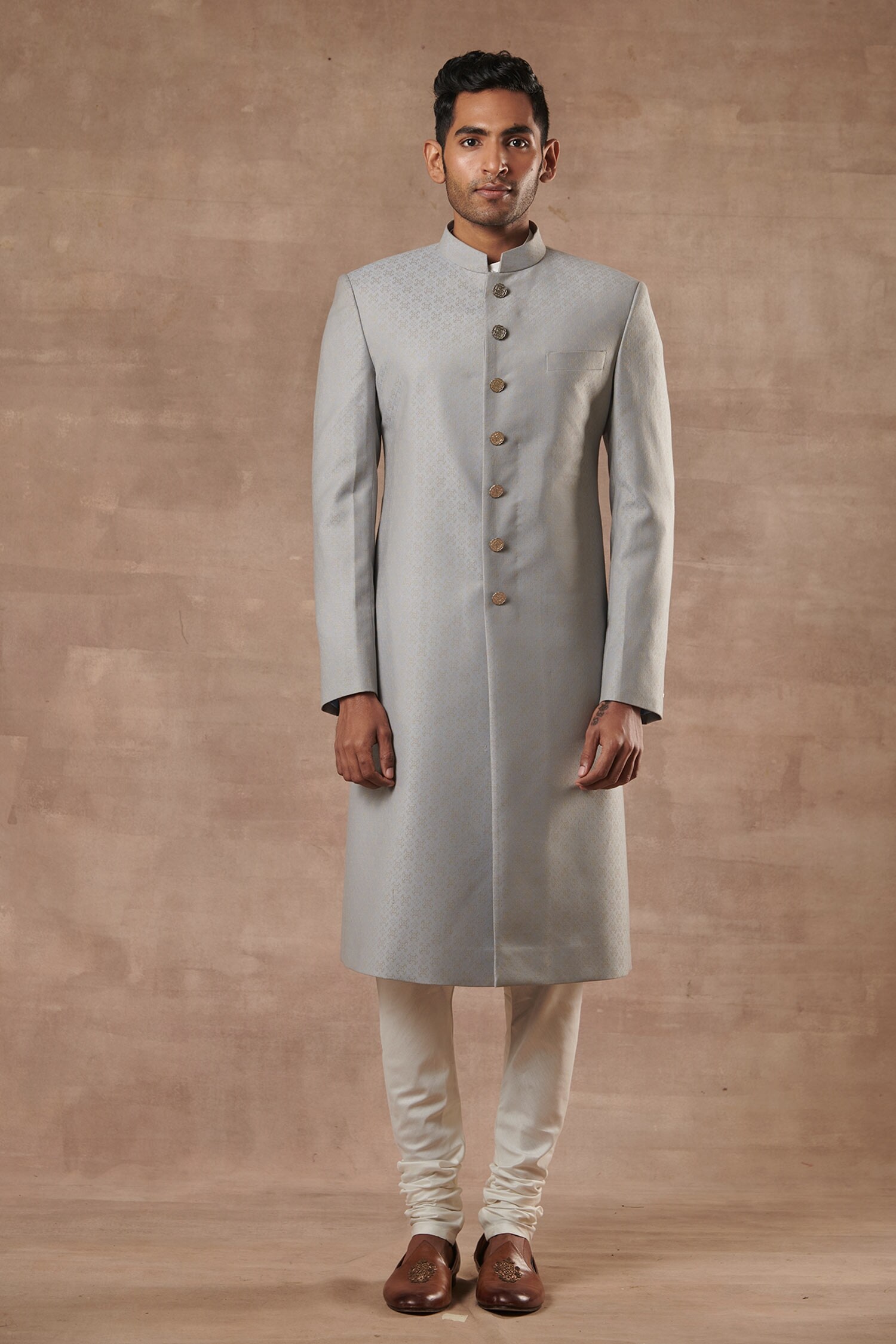 Buy Gargee Designers Grey Terry Wool Jacquard Mandarin Collar Sherwani ...