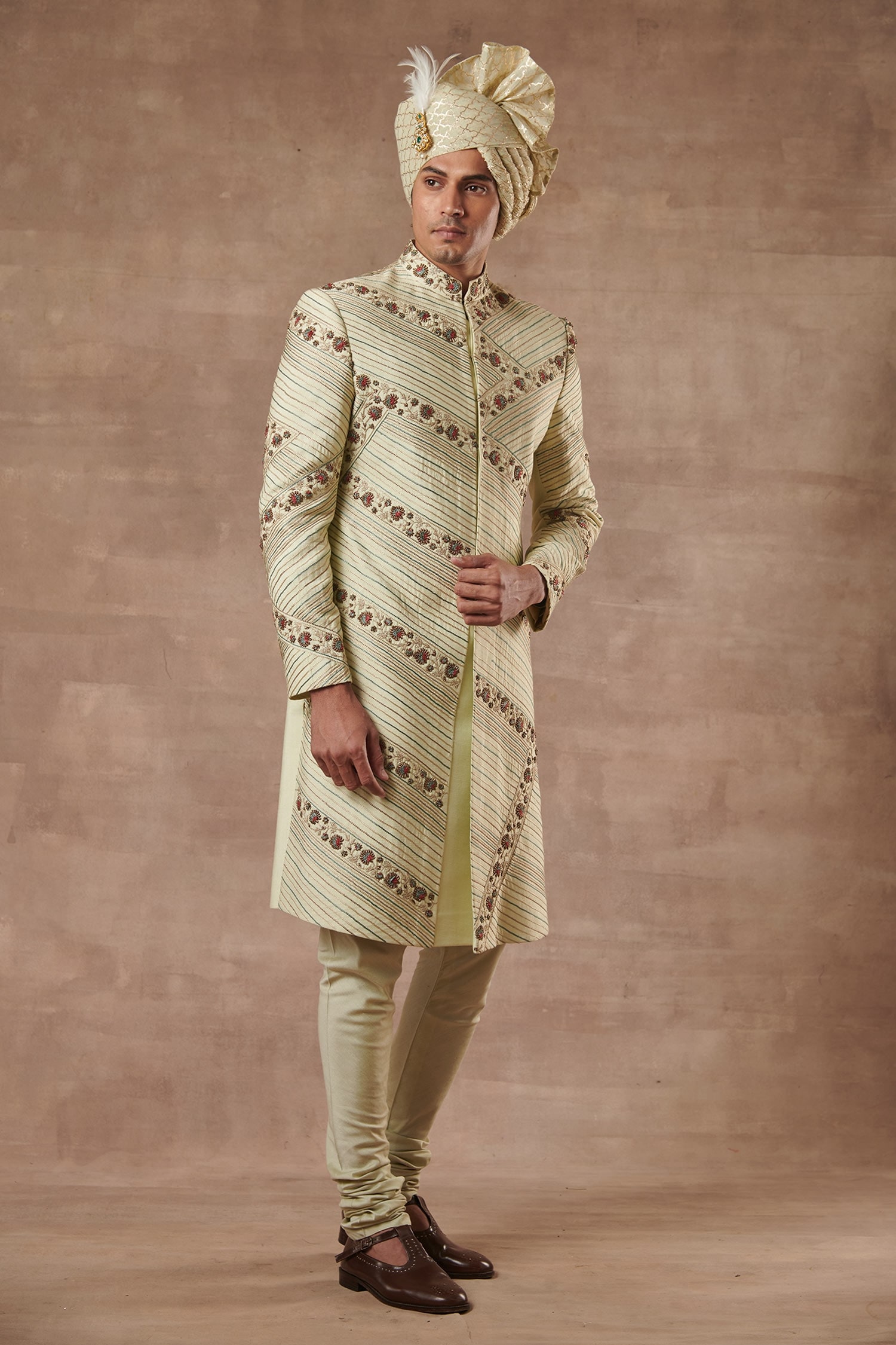 Buy Green Slub Silk Embroidered Floral Sherwani Set For Men by Gargee ...