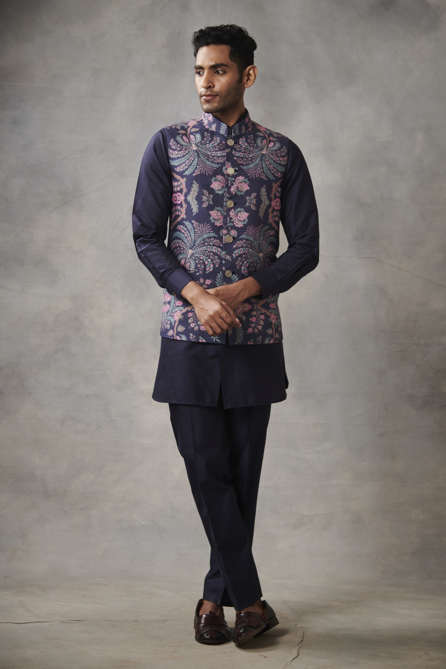 Buy Gargee Designers Blue Chanderi Silk Bundi And Kurta Set Online ...