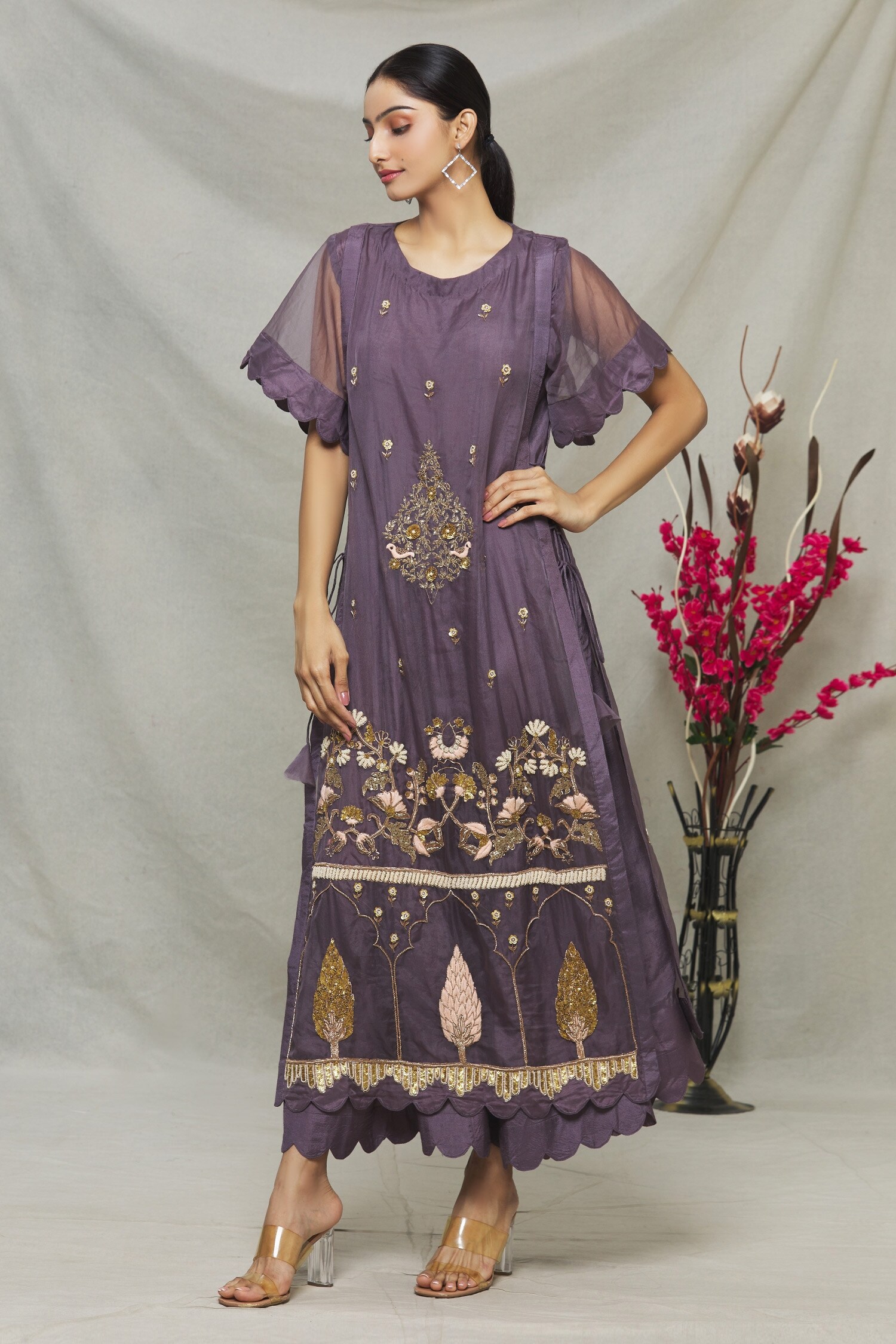 Buy Abhi Singh Purple Organza Floral Embroidered Cape Tunic Online ...