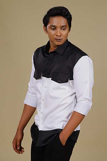 Buy White Cotton Satin Plain Colorblock Shirt For Men by Hilo Design ...