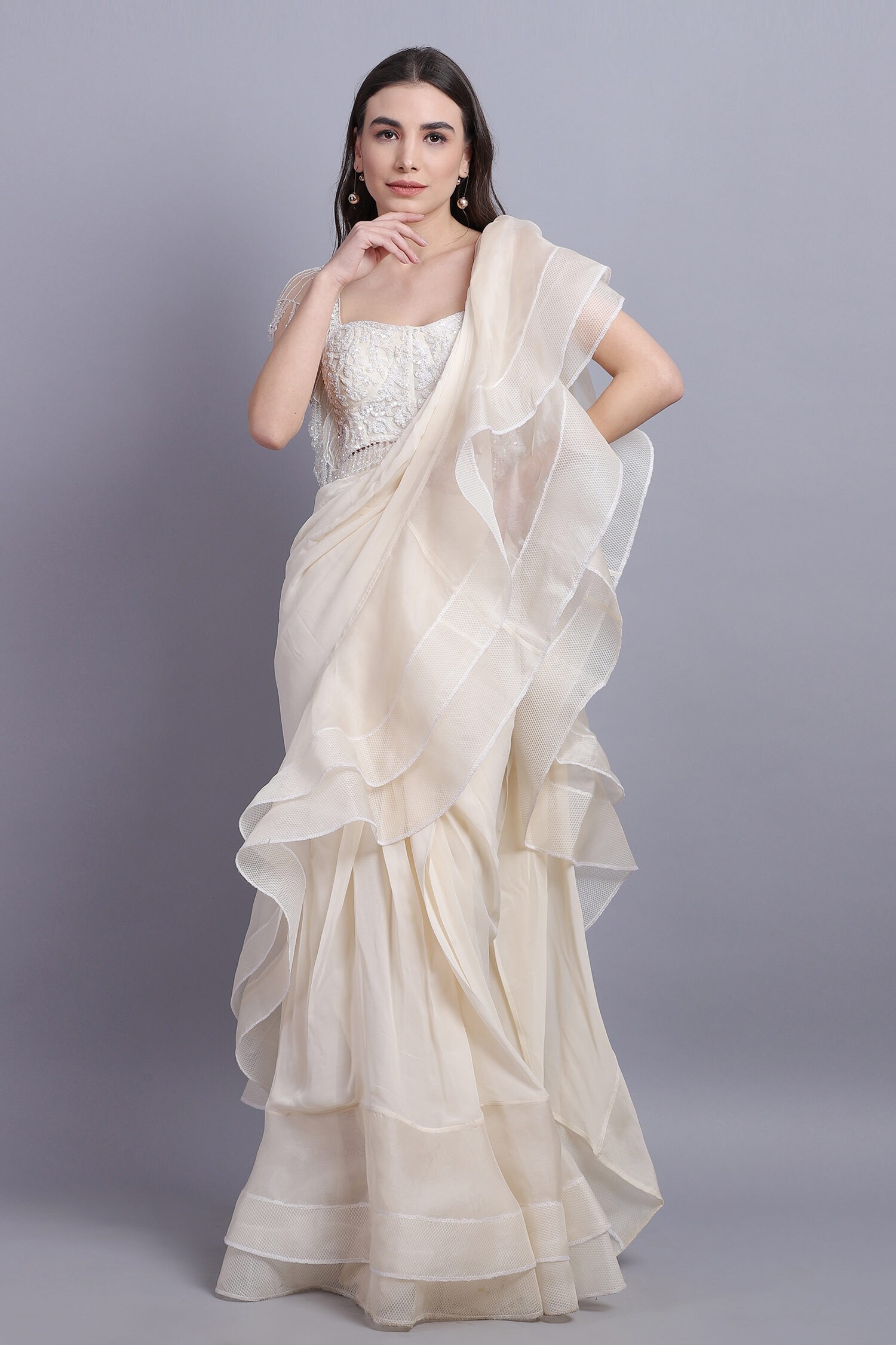 Buy White Georgette Embroidered Floral Alina Ruffle Saree With Blouse ...