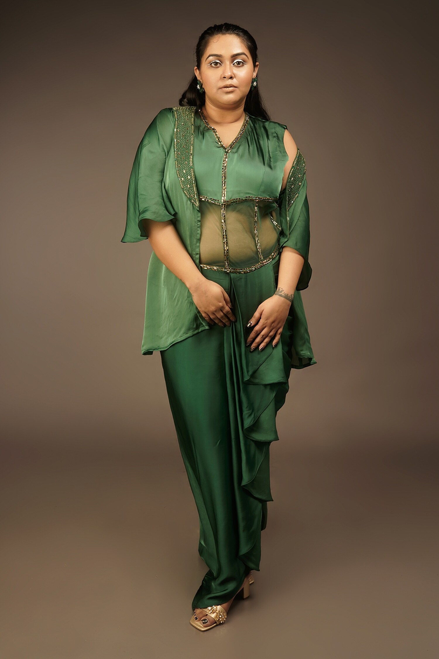 Buy Urban Pataka Green Draped Dress With Jacket Online | Aza Fashions