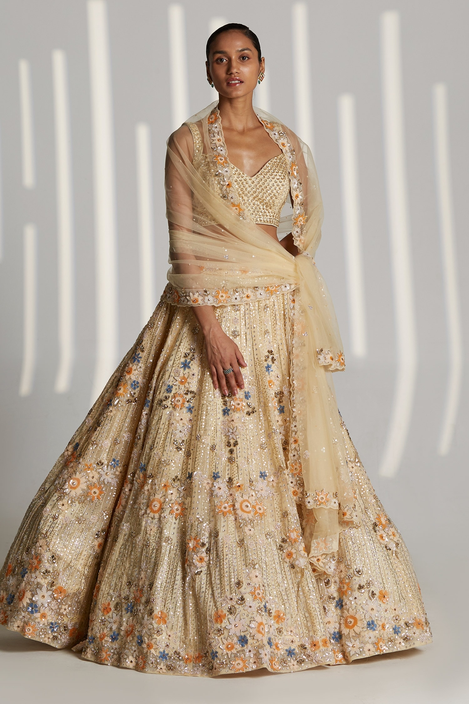 Buy Gold Organza Embroidered Floral Sweetheart Neck Lehenga Set For