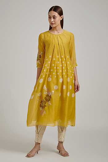 Buy Yellow Printed Polka Dots Round Block Kurta And Pant Set For Women ...