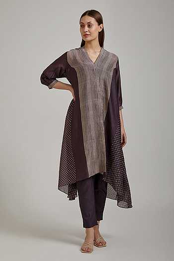 Buy Grey Silk Chanderi Printed Hand Block Asymmetric Kurta And Pant Set ...