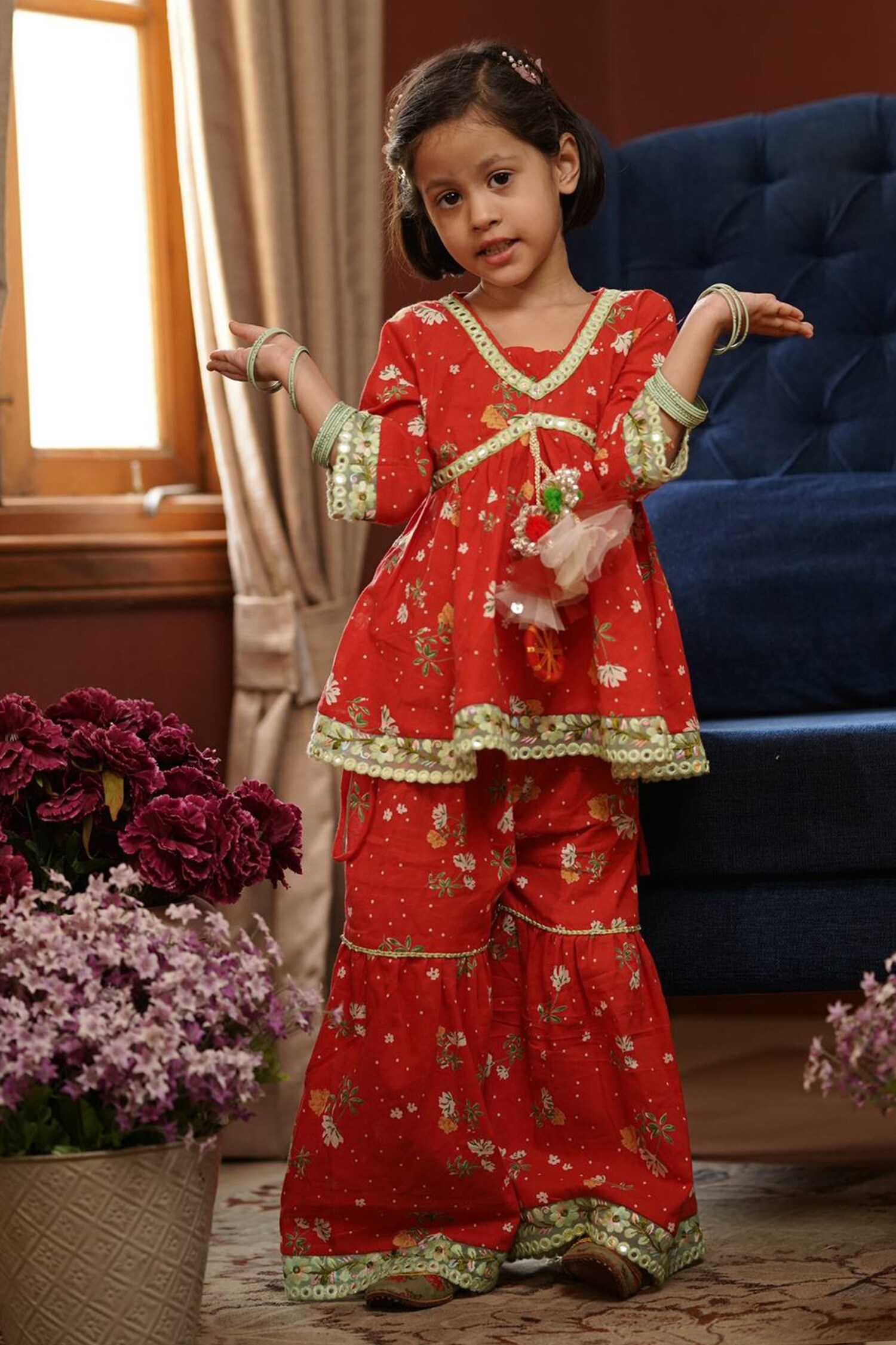 Buy Red Cotton Printed Floral Motifs Kurta And Sharara Set For Girls by ...