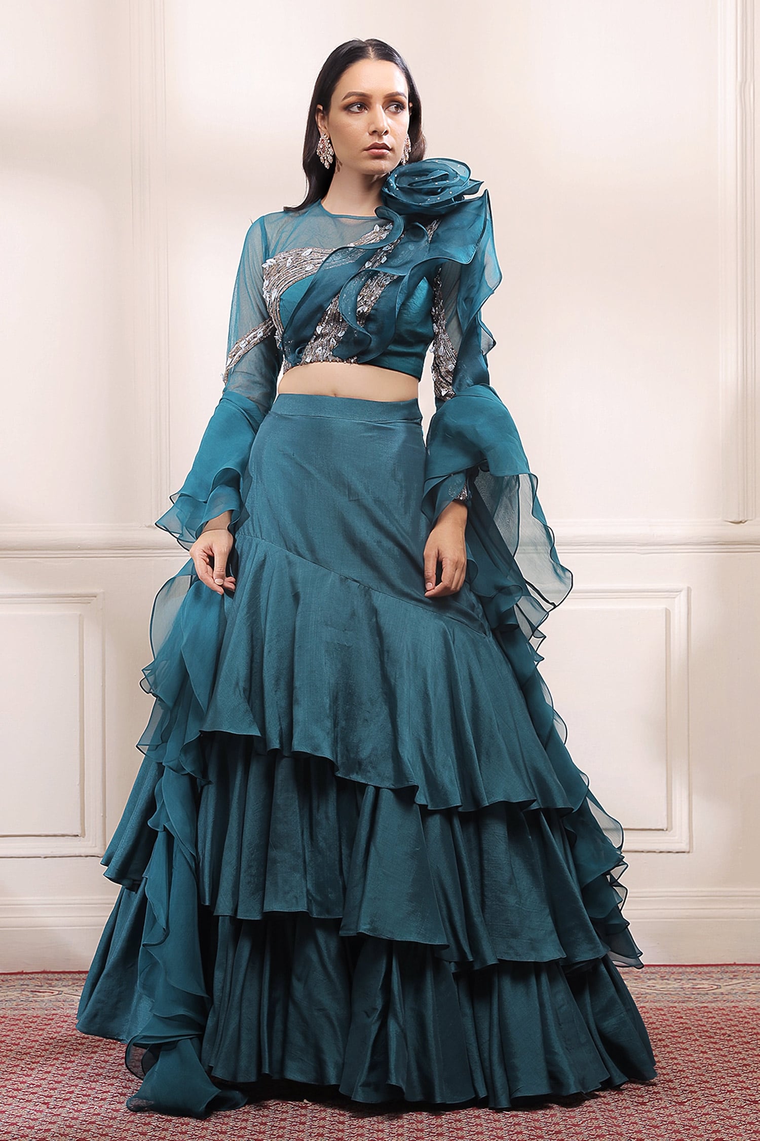 Buy Isha Gupta Tayal Green Silk Multi Layered Lehenga Set Online Aza