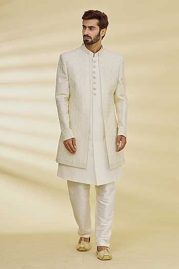 Buy Beige Silk Embroidered Floral Jacket And Sherwani Set For Men by ...