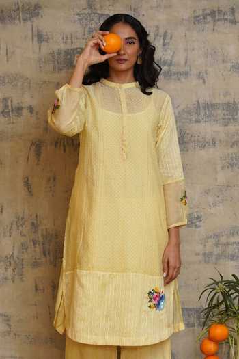 Buy Yellow Cotton Silk Band Collar Block Print Dress With Slip For ...