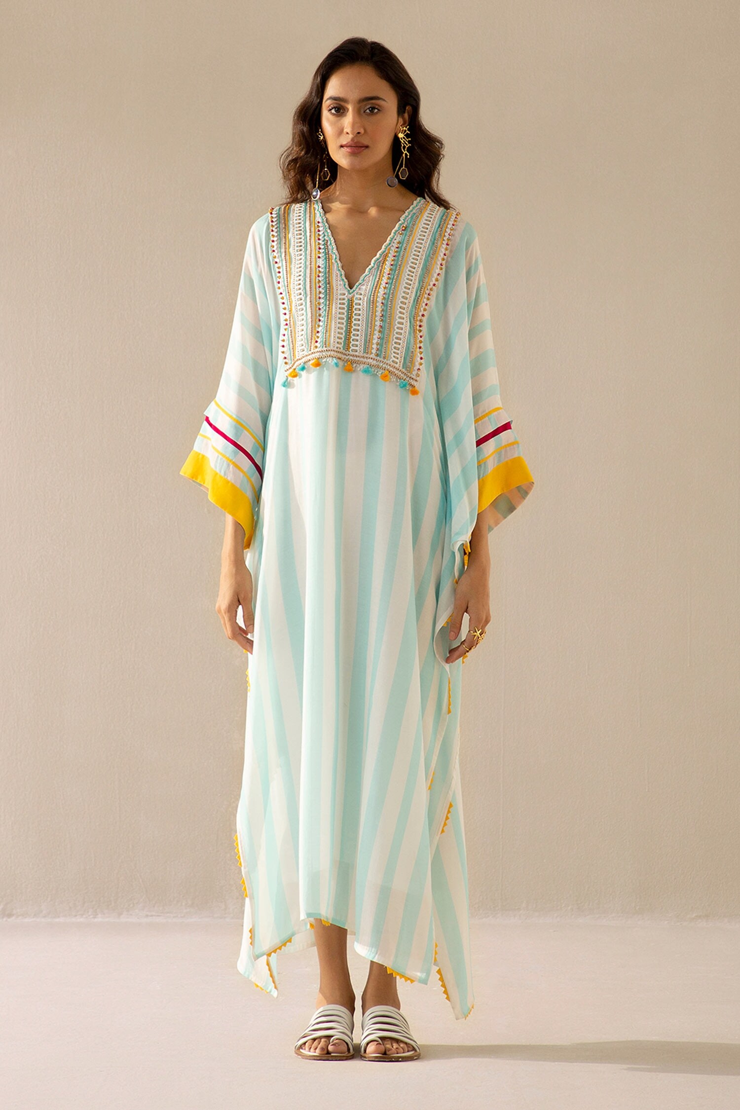 Buy Blue Muslin Embroidered Thread Work V Neck Lagoon Striped Kaftan For Women by Sureena ...