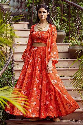 Buy Red Cotton Silk Floral Square Neck Jacket Lehenga Set For Women by ...