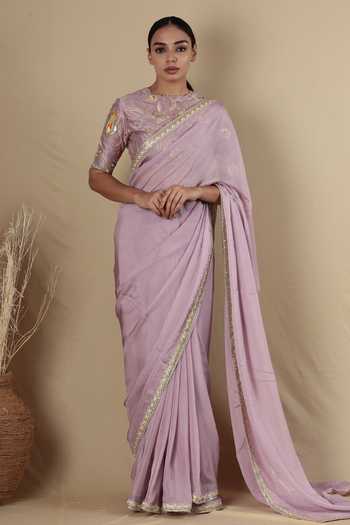 Buy Purple Lining Shantoon Embroidered Thread Work High Neck Hem Saree ...