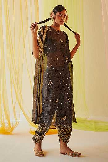 Buy Priyanka Singh Black Cotton Sheer Embroidered Pheran Pant Set ...