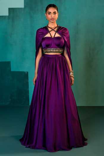 Buy Agunj by Gunjan Arora Purple Satin Draped Corset And Lehenga Set ...