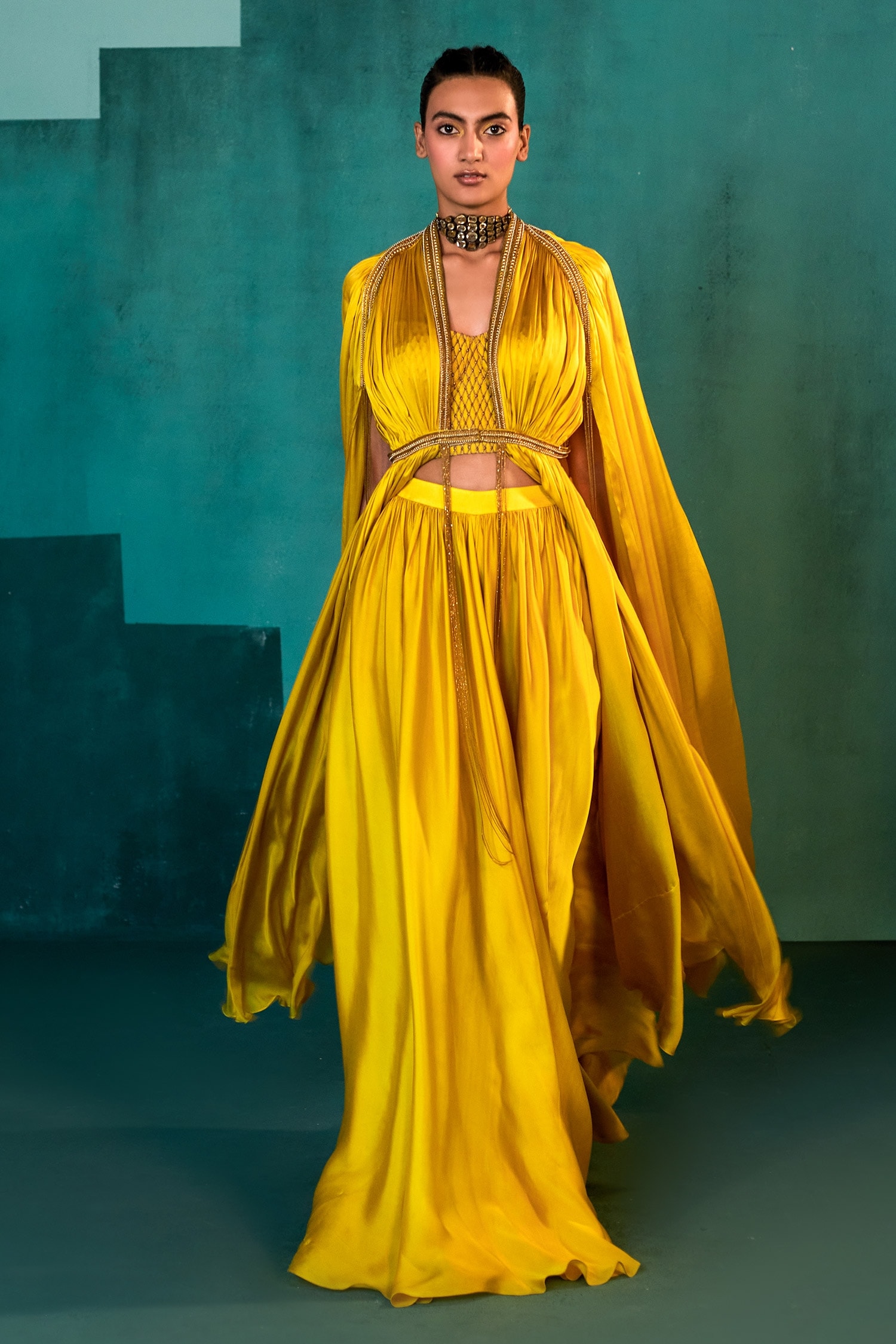 Buy Yellow Pure Fine Satin; Lining: Shantoon Draped Cape And Sharara ...