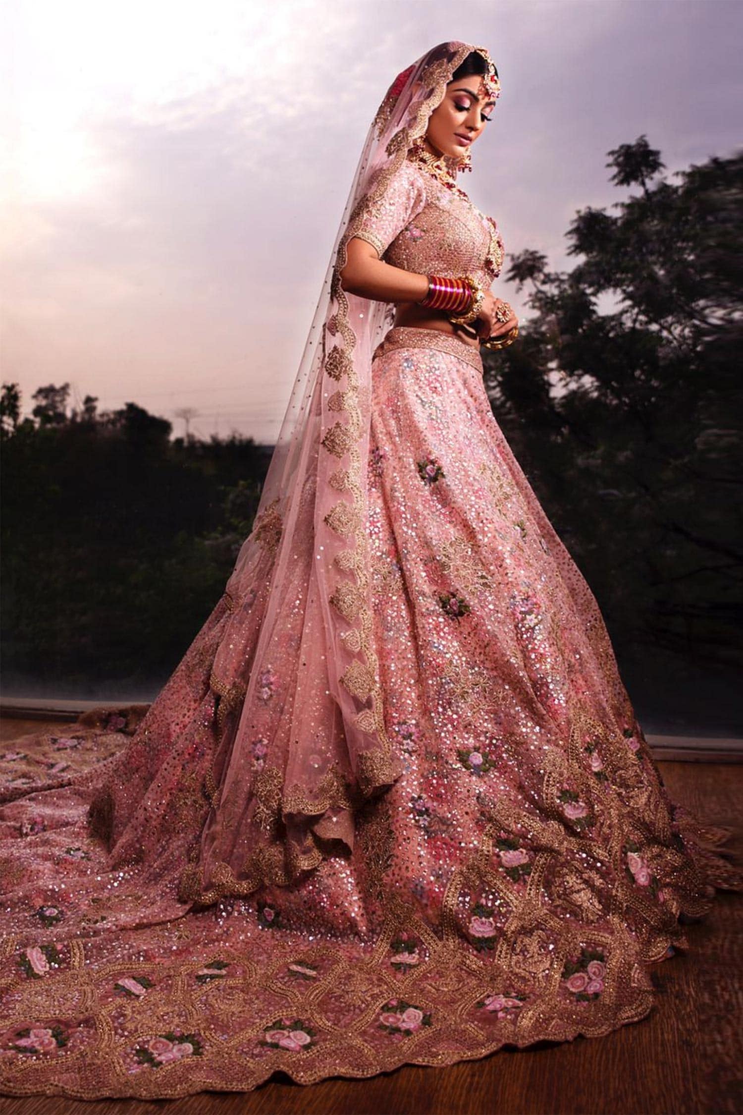 Buy Pink Net Embroidery Sequin And Thread V Neck Lehenga Set For Women