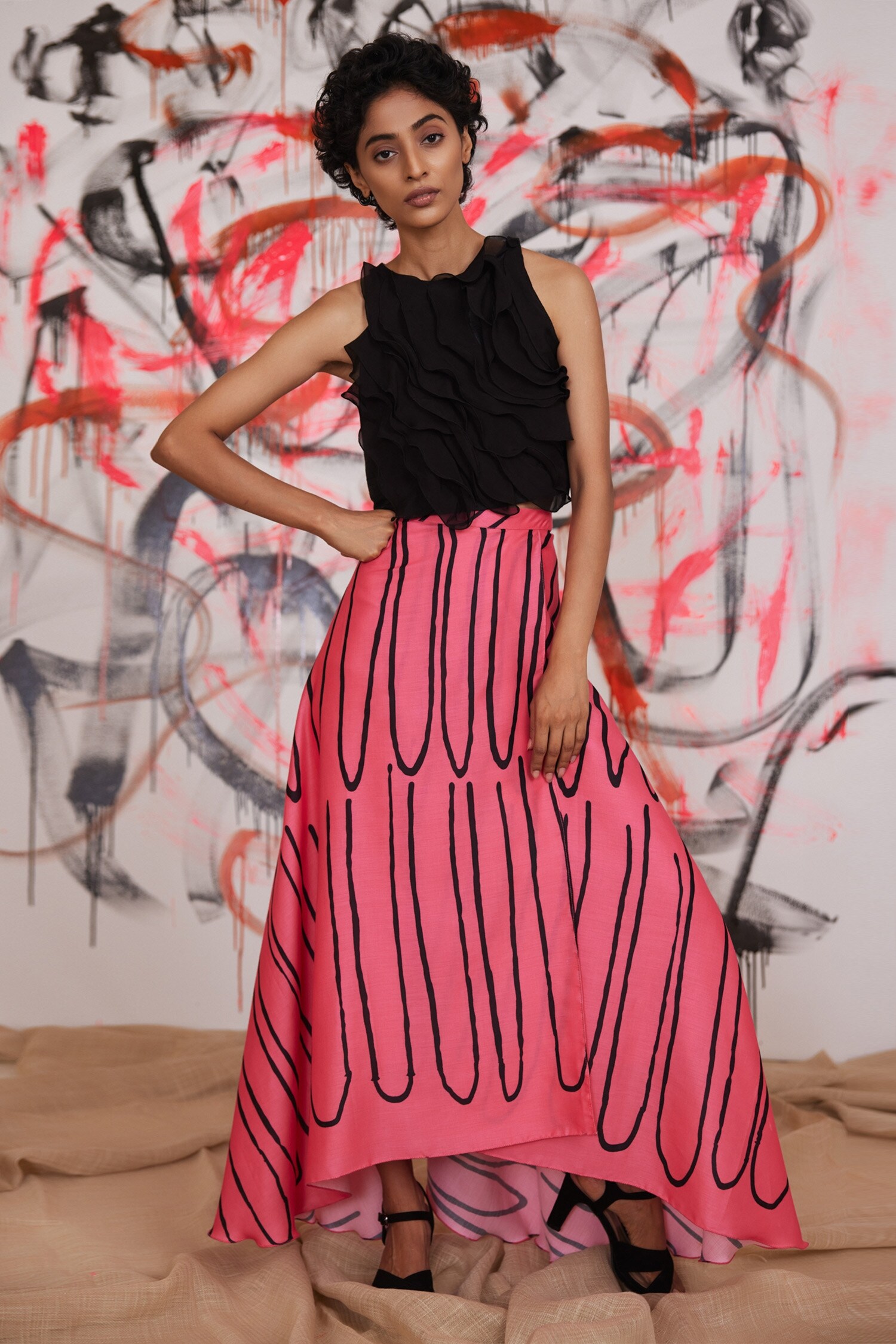 Buy Pooja Bagaria Black Glazed Cotton Ruffle Top And Skirt Set Online ...