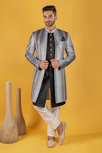 Buy Multi Color Suede Sequin Striped Jacket And Sherwani Set For Men by ...