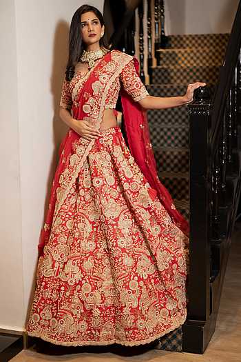Buy Kalighata Red Raw Silk Rustic Rose Zardozi Work Lehenga Set Online ...