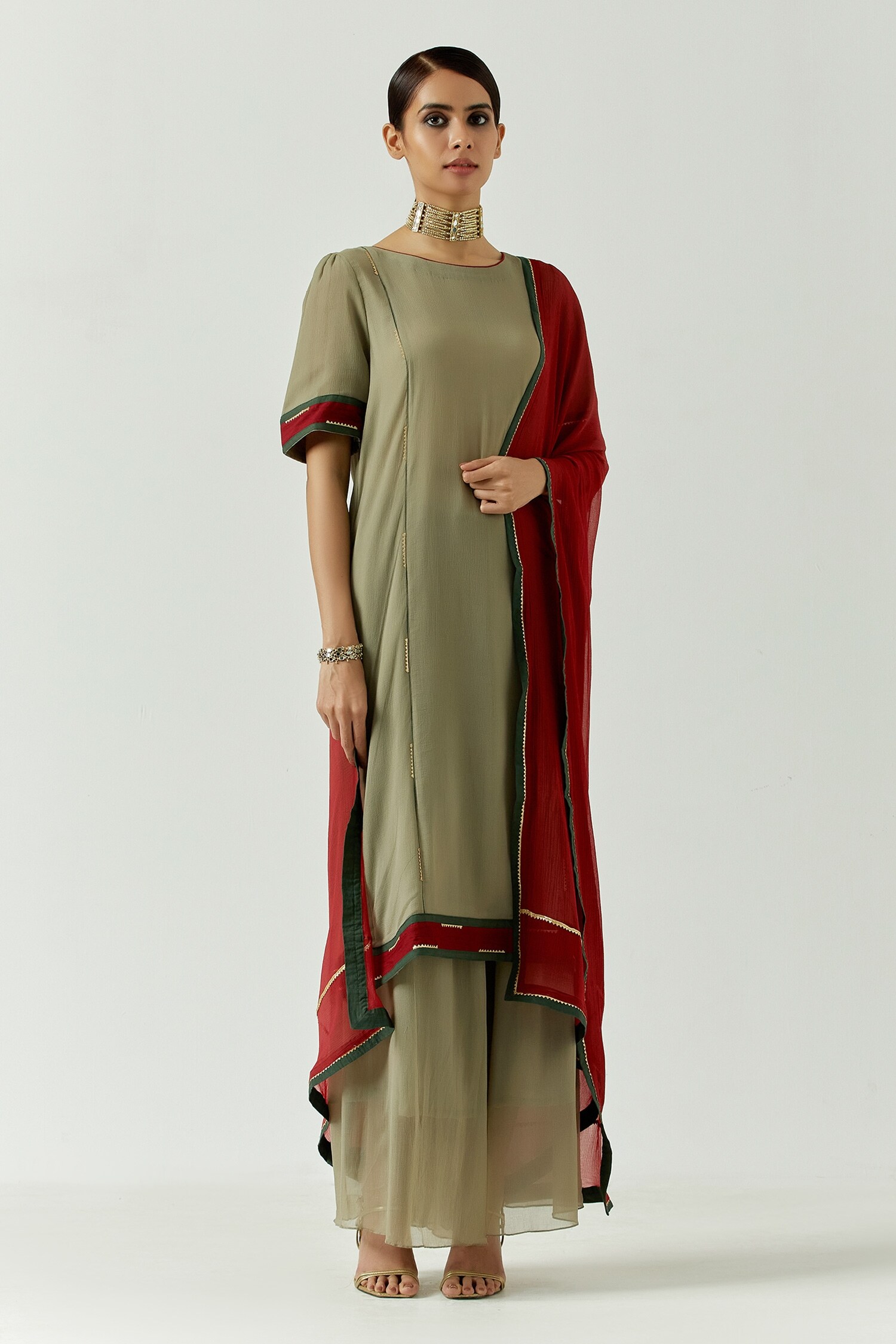 Buy TIC Green Chiffon Rukbat Kurta Sharara Set Online | Aza Fashions