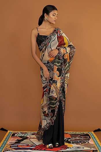 Buy Shivan & Narresh Multi Color Pre-pleated Silk Organza Saree Online ...