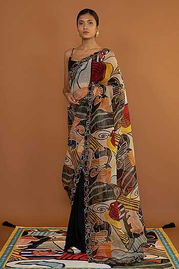 Buy Shivan & Narresh Multi Color Pre-pleated Silk Organza Saree Online ...