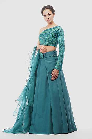 Buy Shruti S Blue Silk One Shoulder Blouse And Lehenga Set Online | Aza ...