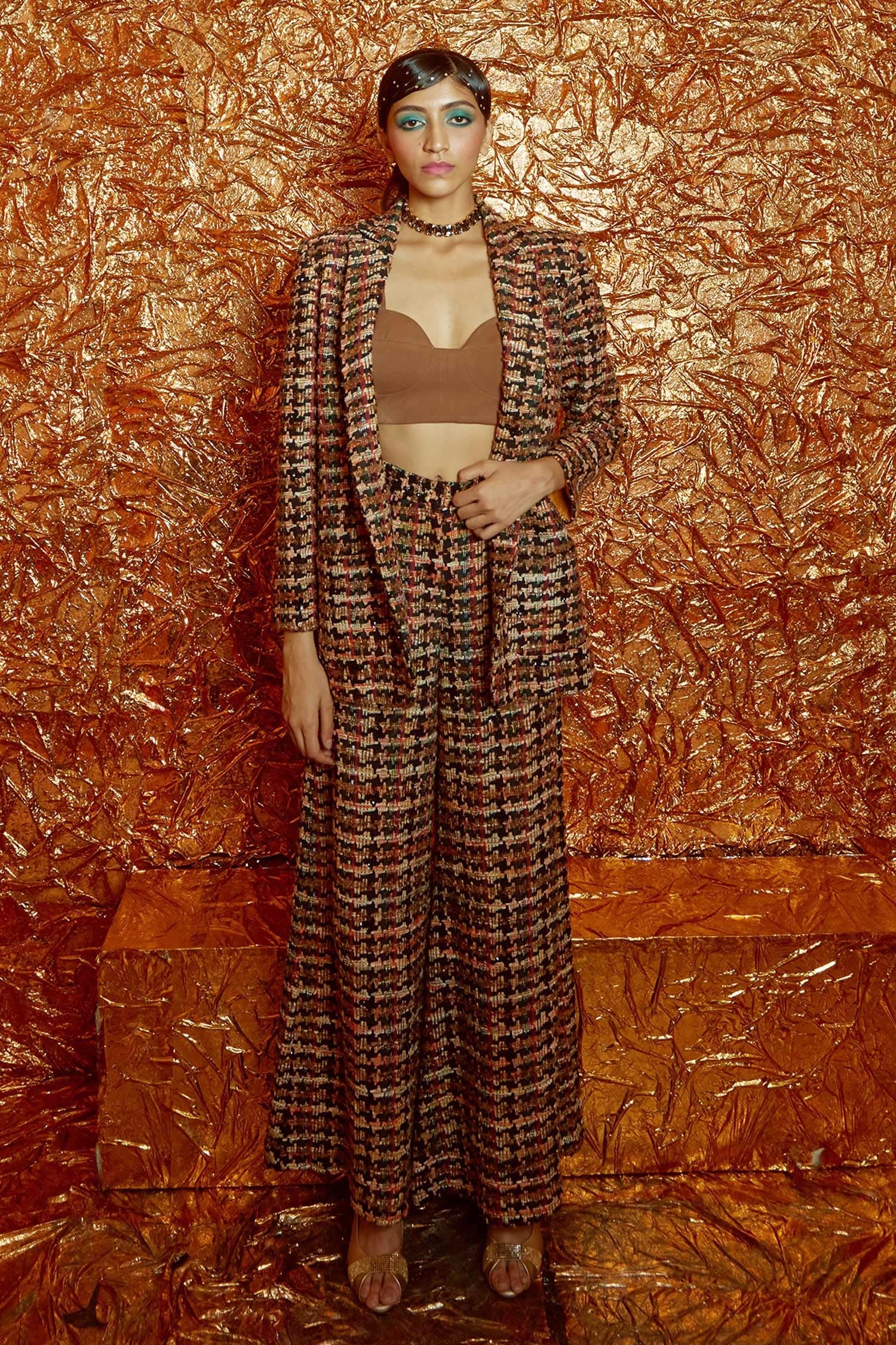 Buy Black Tweed Embroidered Sequins Bustier: Oversized Blazer And Pant ...