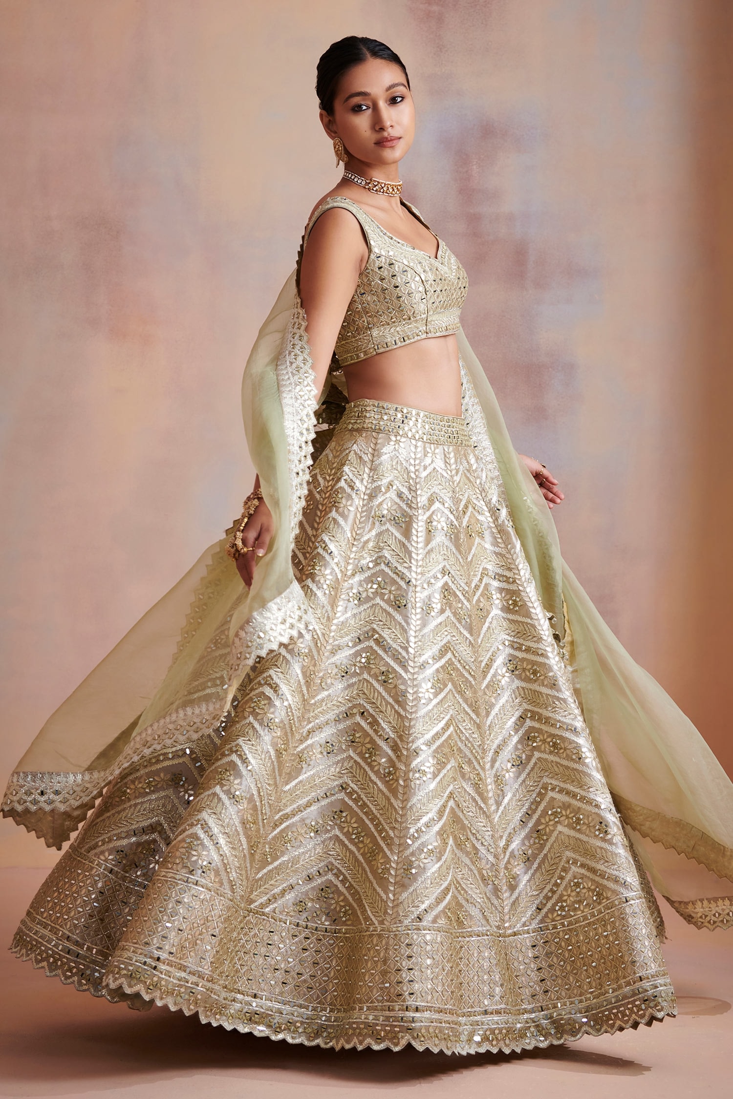 Buy White Tissue Embroidered Resham Work Leaf Mirror Bridal Lehenga Set ...
