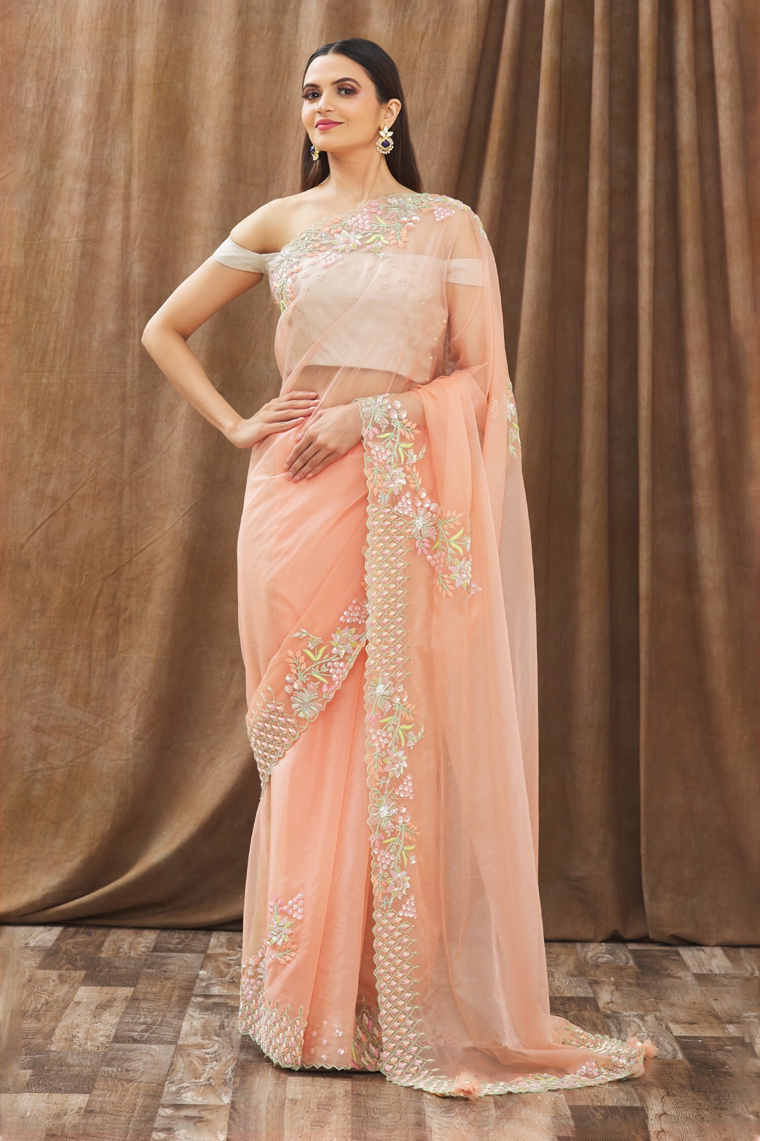 Buy Peach Organza Embroidered Pearl Straight Zardozi Saree With Blouse ...