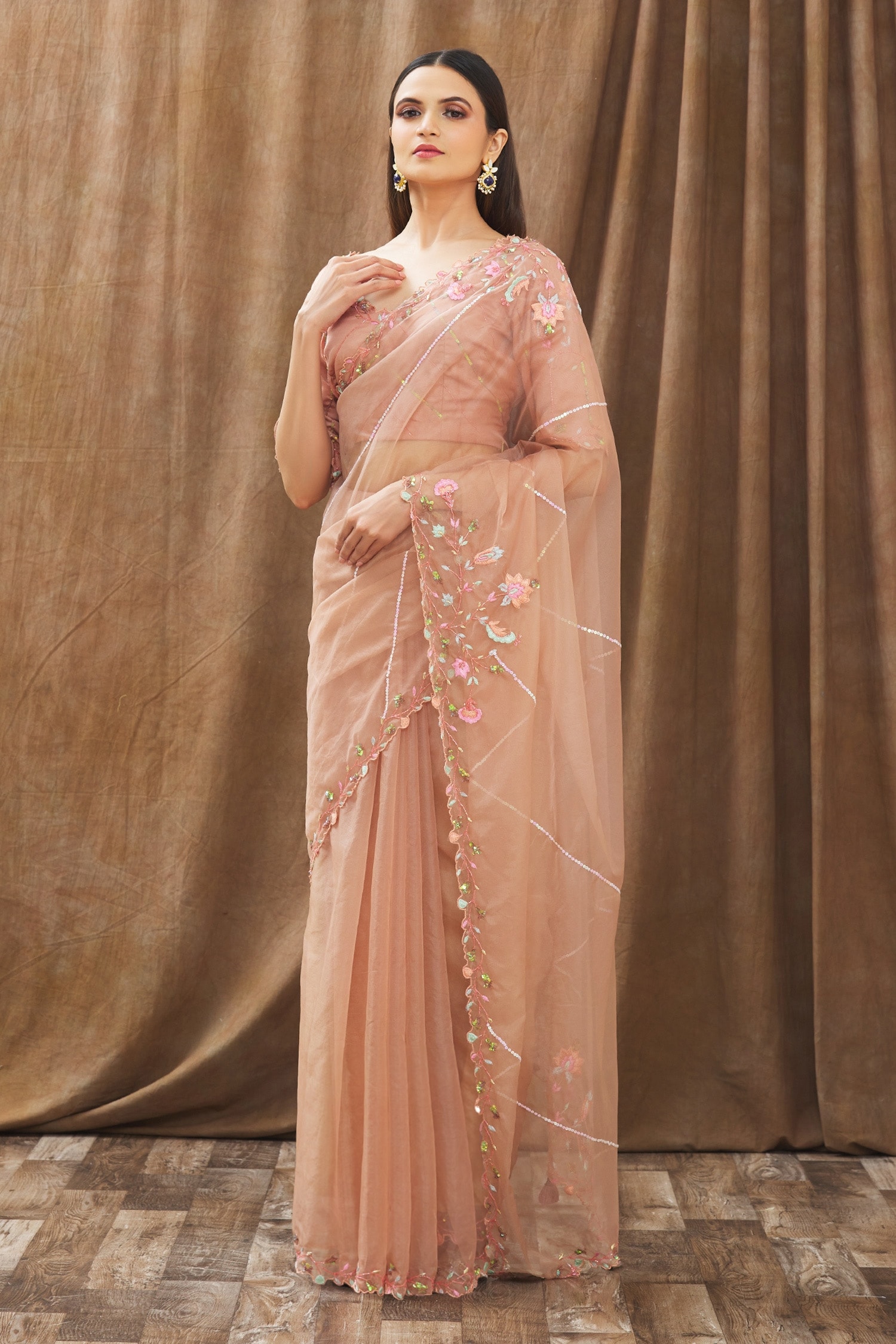 Buy Peach Organza Embroidered Pearl V Neck Zardozi Saree With Blouse ...