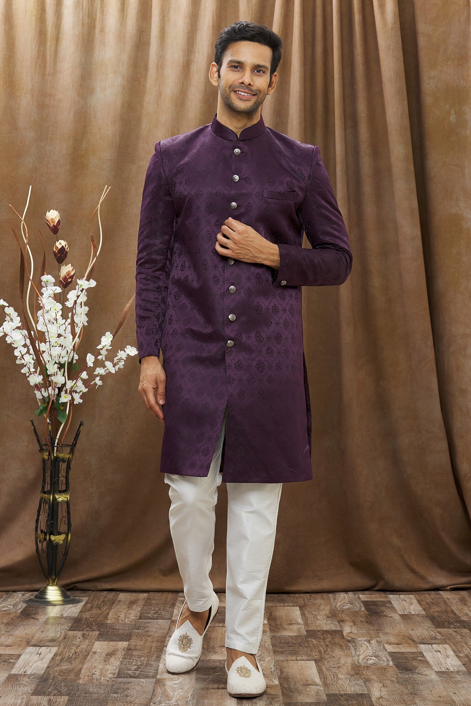 Buy Purple Heavy Imported Jacquard Woven Floral Motifs Sherwani Set For ...