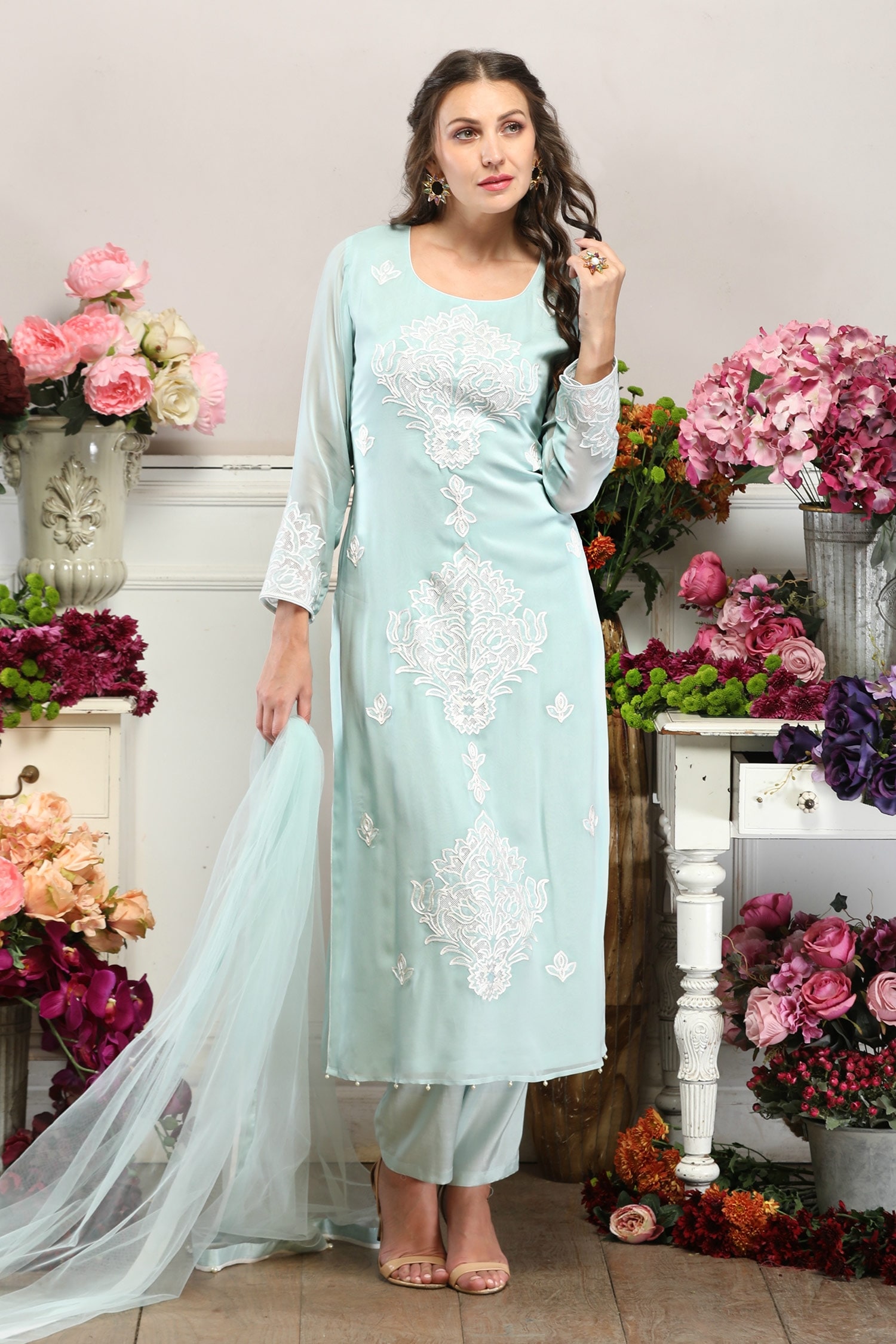 Buy Seams Pret And Couture Blue Georgette Angel Resham Embroidered ...