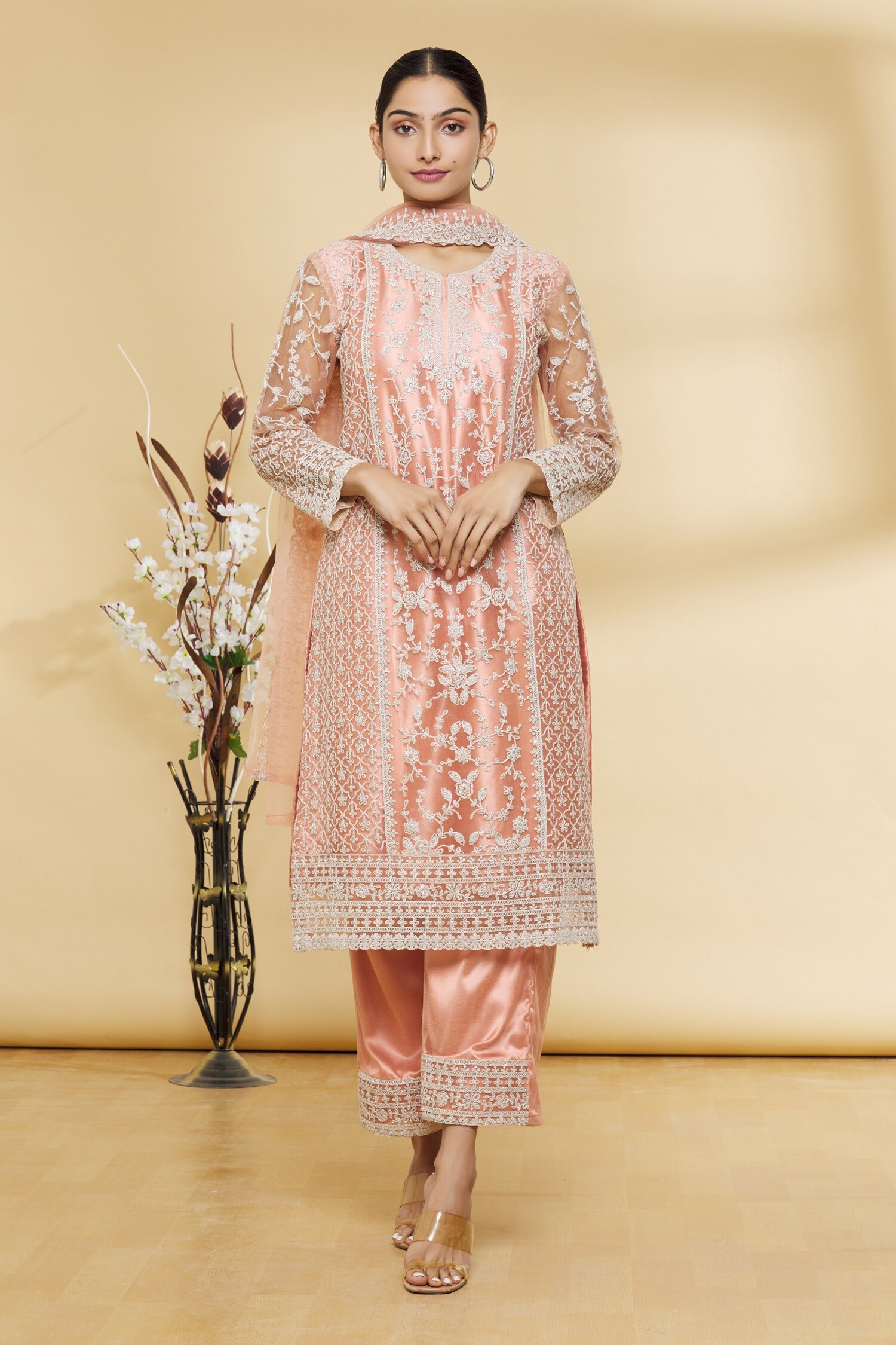 Buy Orange Kurta Netpant Net Embroidered Set For Women by Adara Khan ...