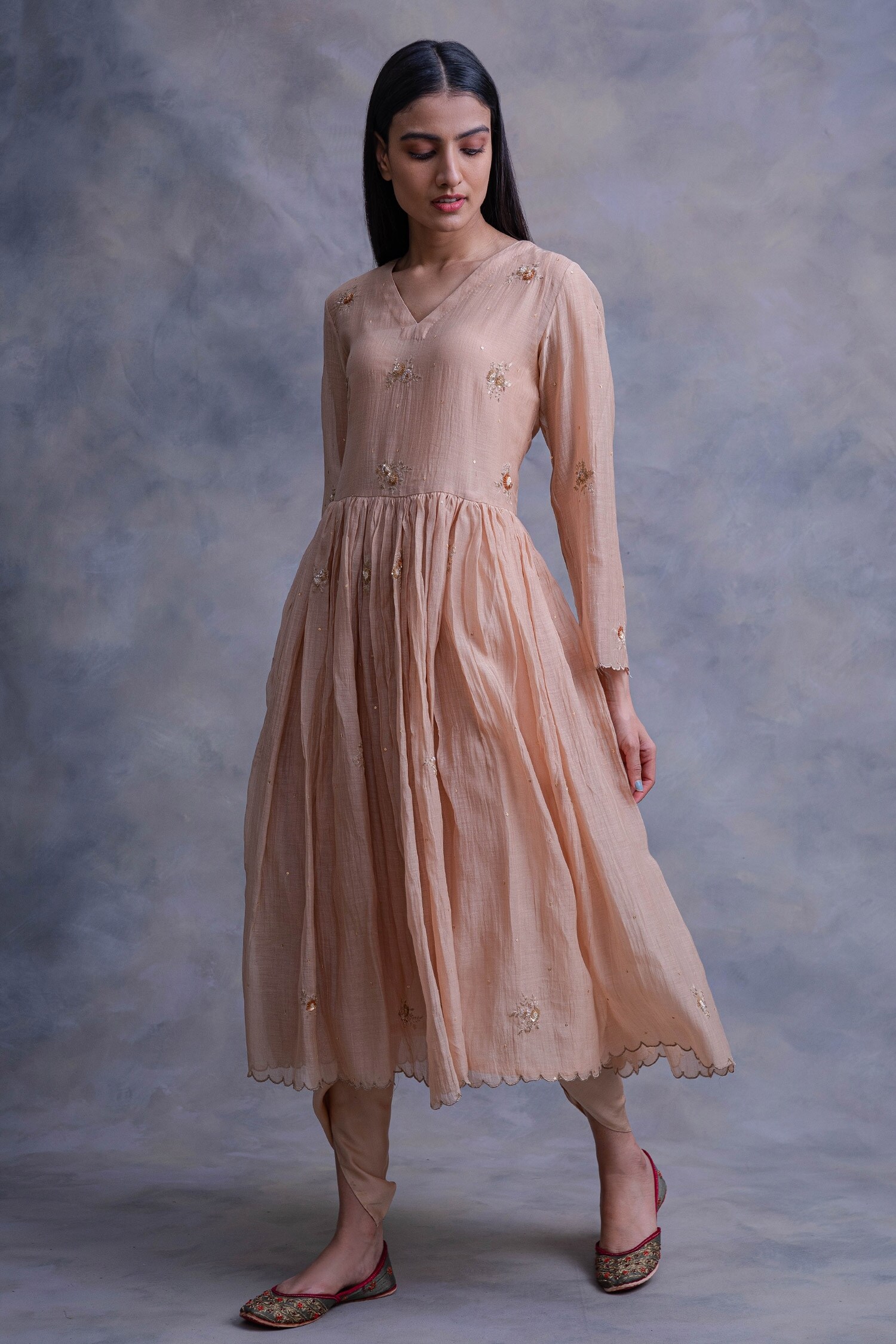 Buy Beige Anarkali Chanderi And Pant Cotton Satin Embroidery & Tulip ...