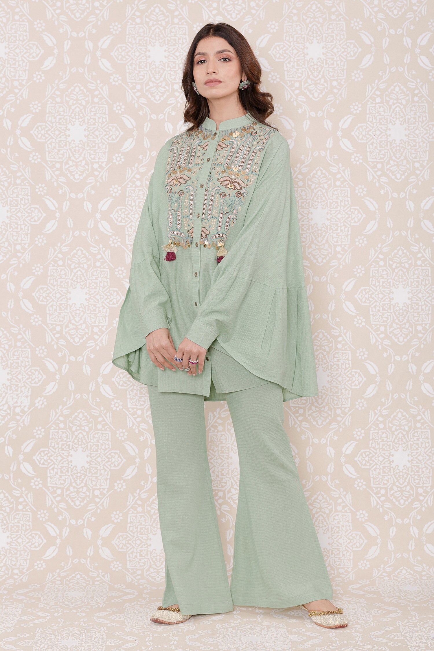 Buy Inej Green Rayon Flex Draped Cape Top And Pant Set Online | Aza ...
