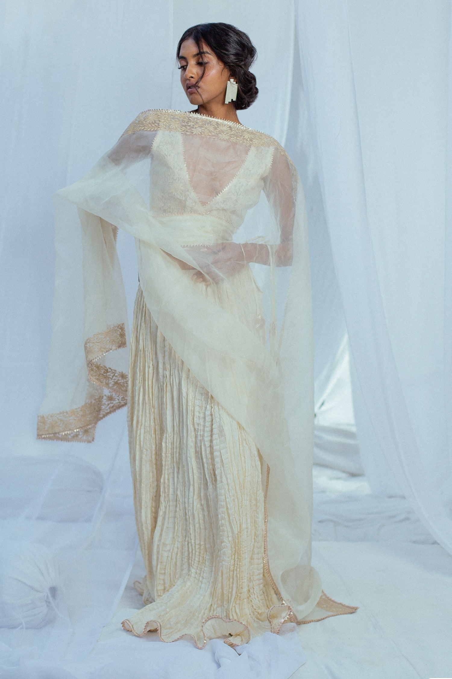 Buy White Silk Organza Embroidered Floral Motifs Hansa Dupatta For ...