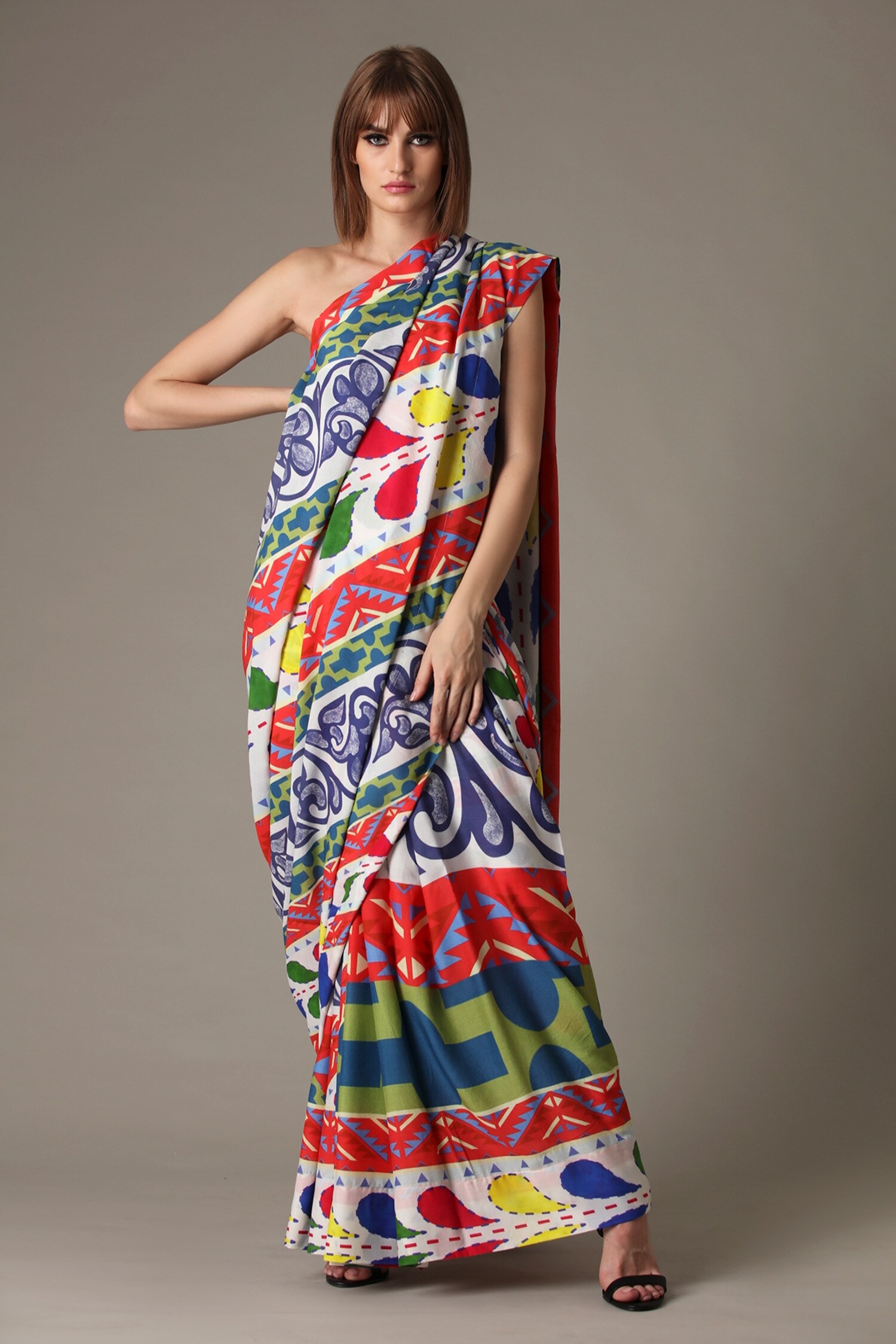 Buy Alpona Designs Multi Color Natural Crepe Folk Print Saree Online ...