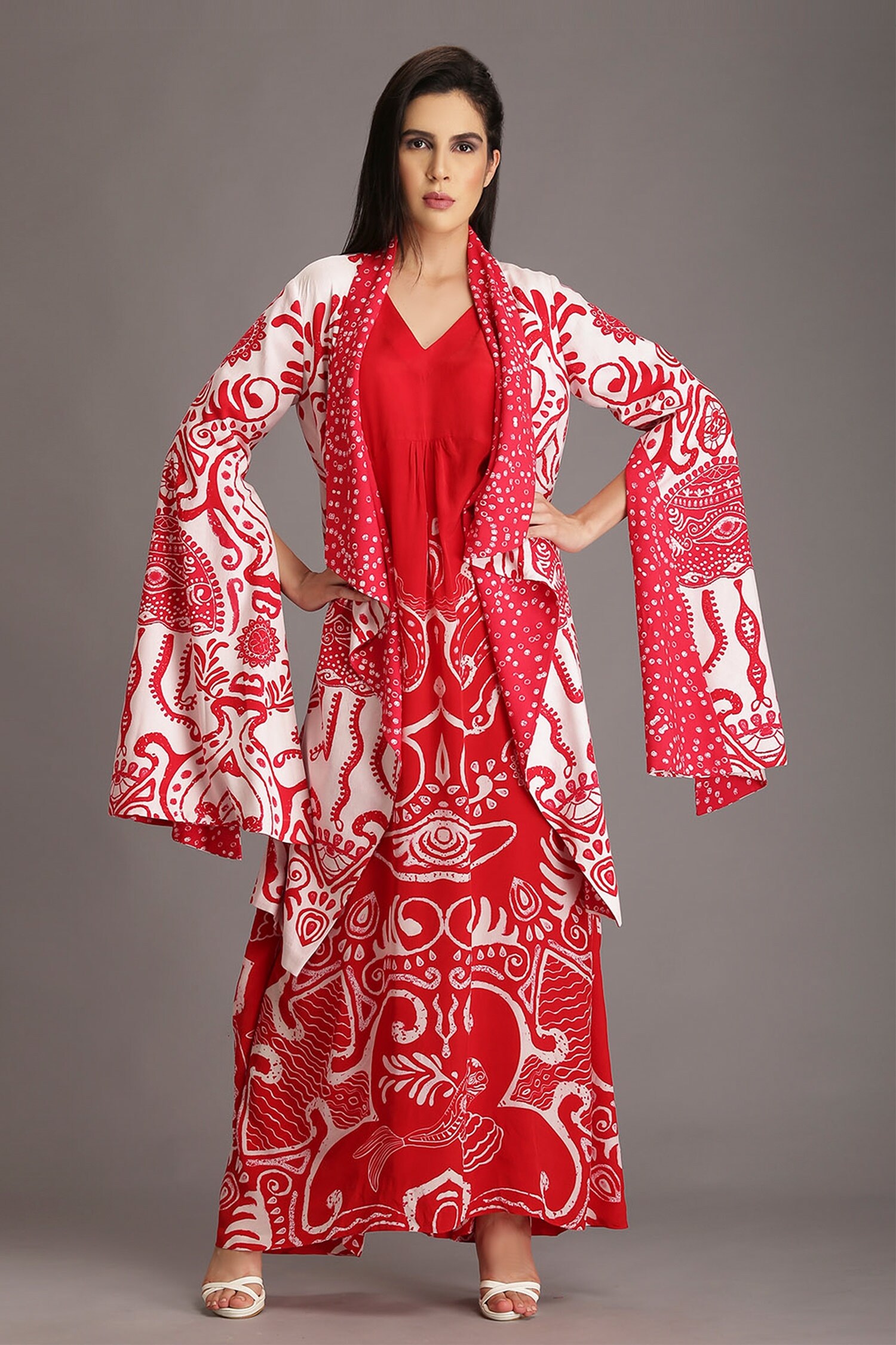 Buy Red Rayon Cotton Printed Ocean Shawl Collar Split Sleeve Jacket For ...