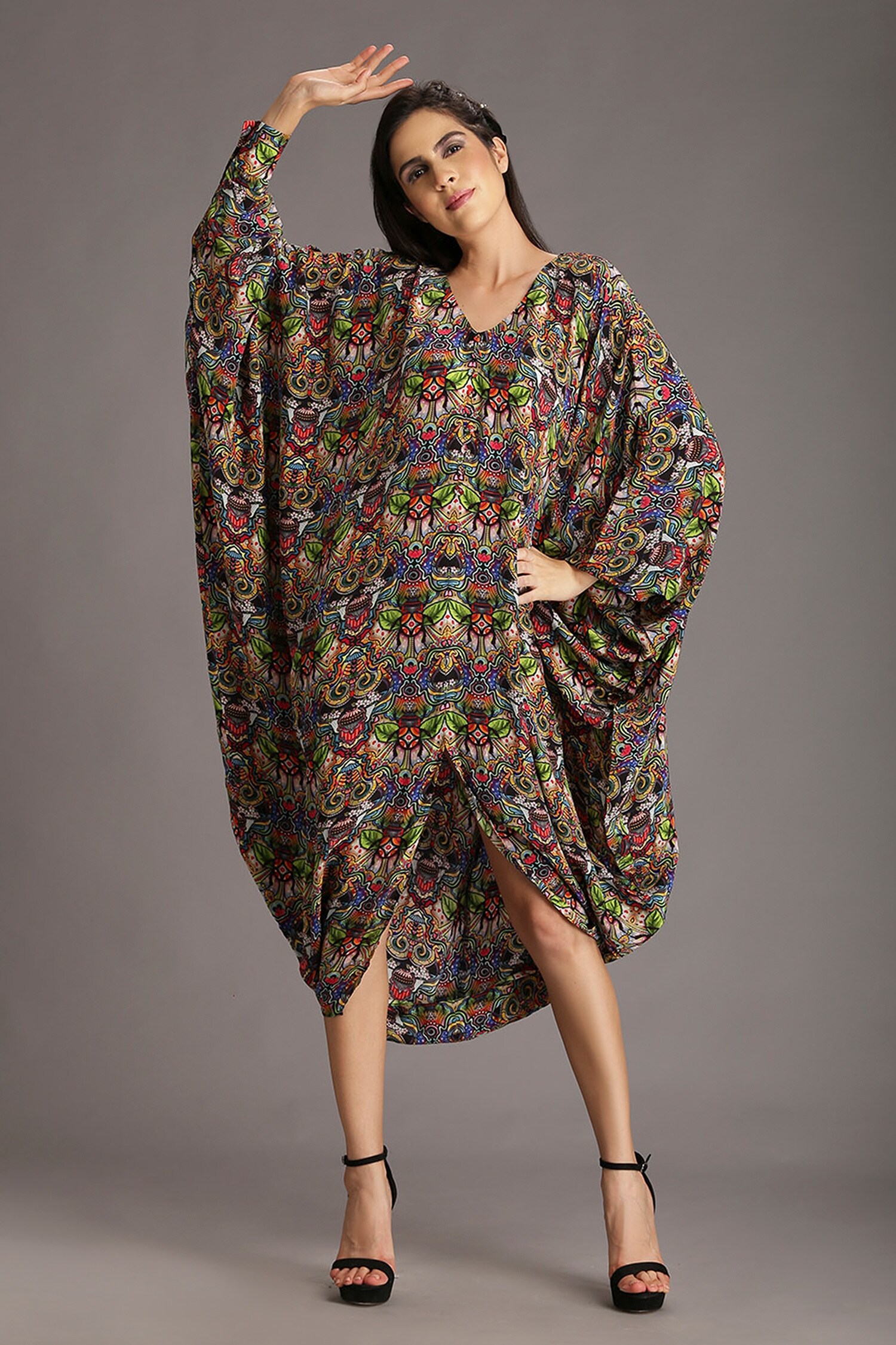 Buy Alpona Designs Multi Color Natural Crepe Beetle Print Front Slit ...