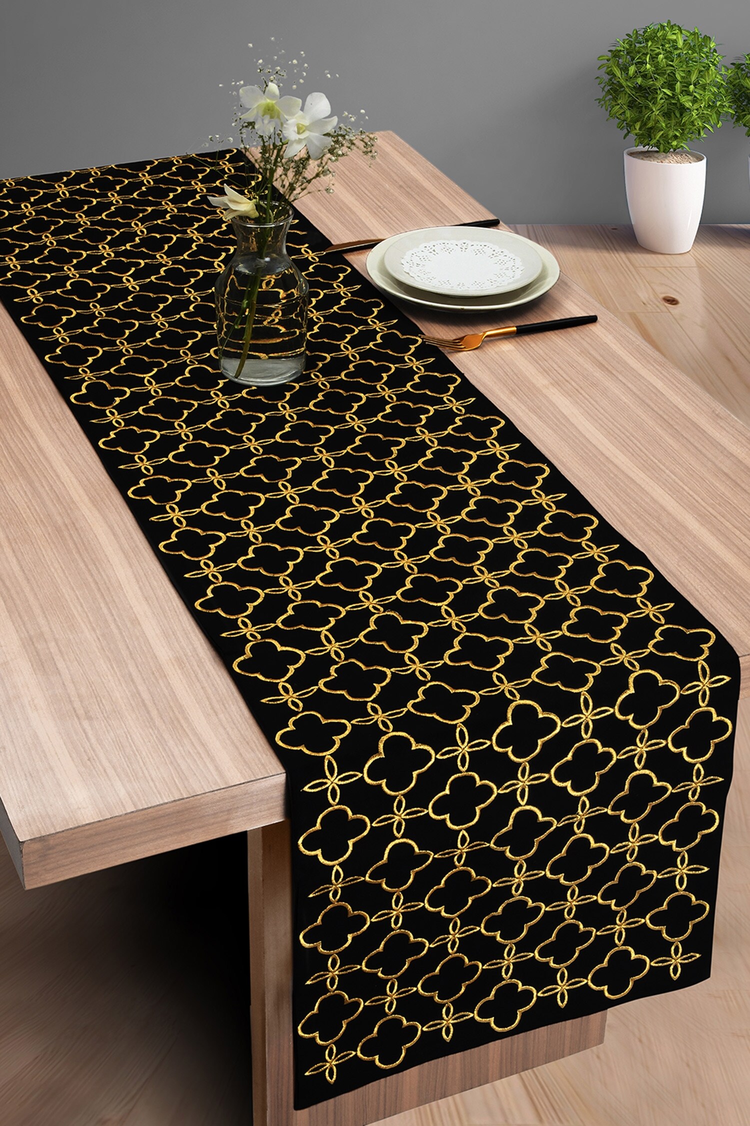 Buy Black Embroidery Moroccan Table Runner by MJ Label Online at Aza ...