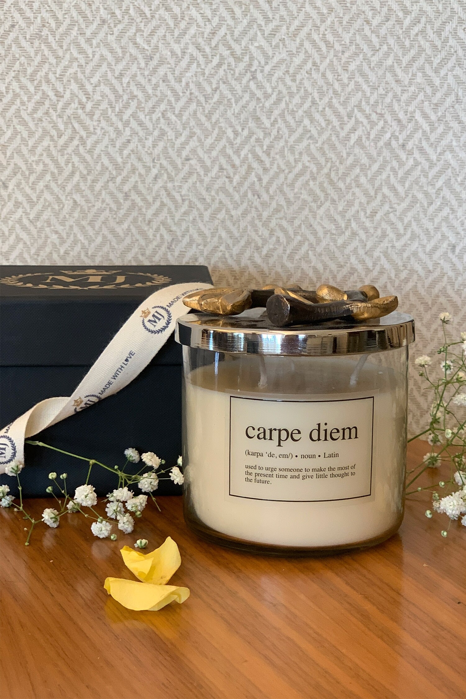 Buy MJ Label Carpe Glass Jar Candle With Fancy Lid Online | Aza Fashions