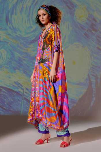 Buy Rajdeep Ranawat Multi Color Majida Silk Kaftan Tunic And Pant Set ...