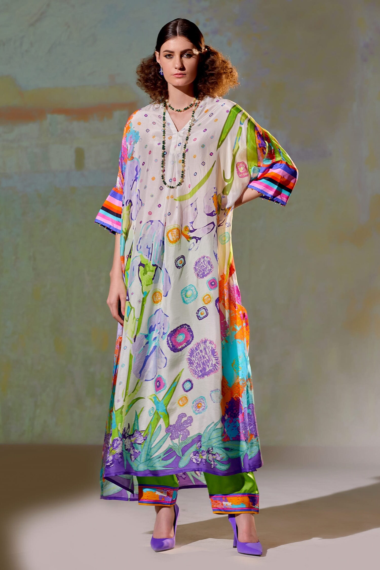 Buy White Silk Printed Floral V Neck Banera Kimono Tunic And Pant Set ...