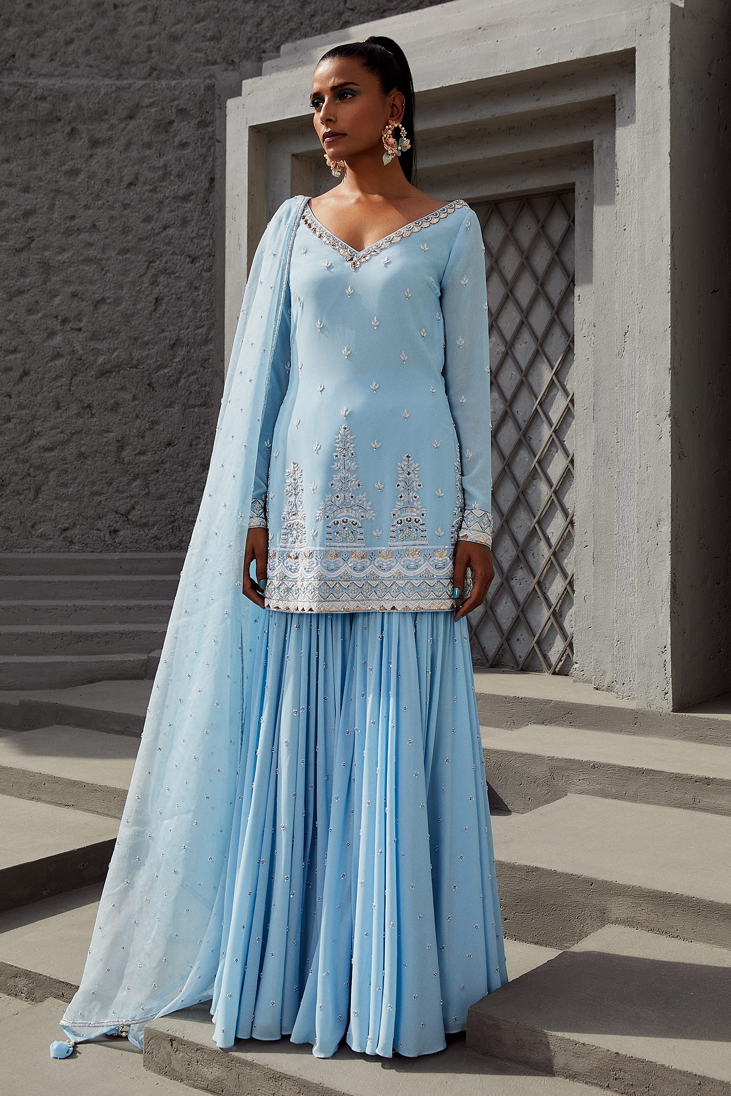Buy Kaaisha By Shalini Blue Organza Hand Embroidered Kurta Sharara Set
