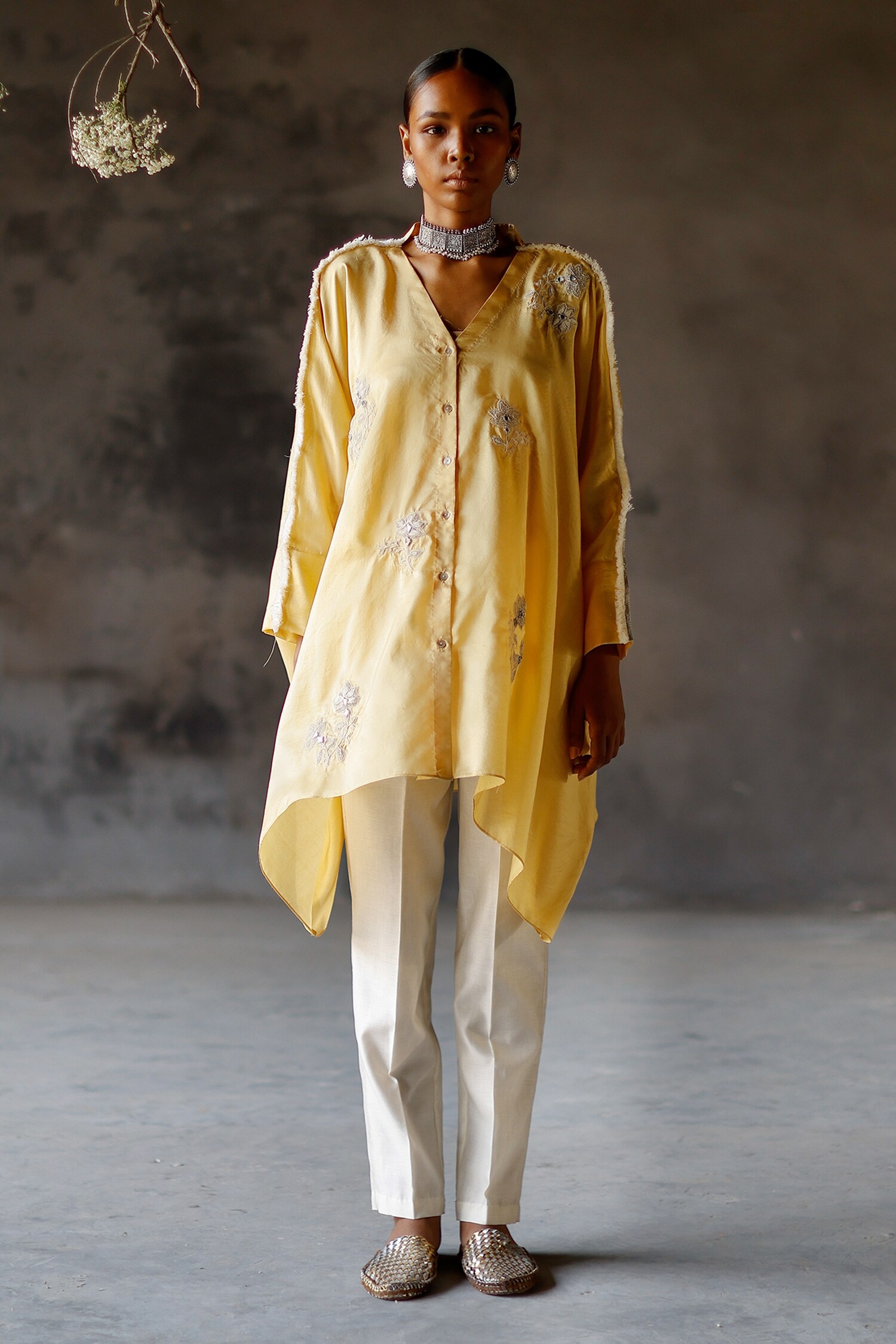 Buy Shikha Mehta Yellow Roll Silk Embroidered Shirt And Pant Set Online ...